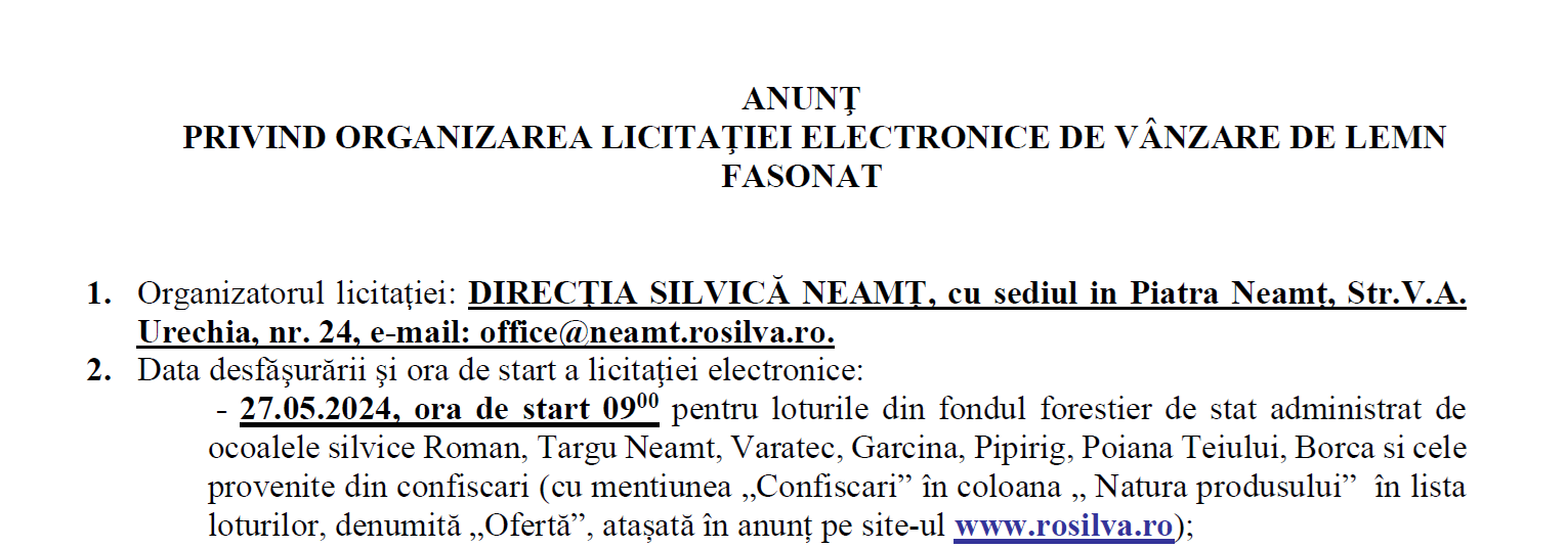 Anunt licitatie pentru vanzarea de lemn fasonat - Realitatea Media